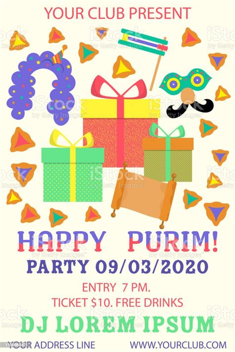행복 한 Purim 배너입니다 다채로운 벡터 일러스트레이션입니다 축제 컨셉 디자인 화려한 배경에 Purim 파티 이벤트 장식