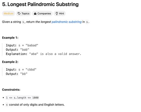 Leet Code Medium 5 Longest Palindromic Substring 중심확장법 Java