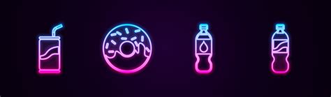 Vetores De Definir Linha Soda Pode Com Palha De Beber Donut Garrafa De