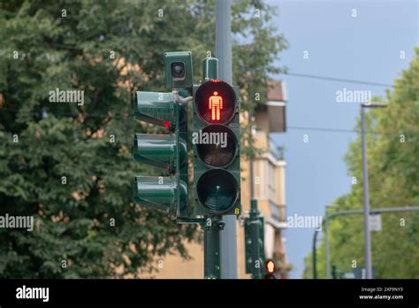 Traffic Light Road Sign With A Red Shape And Light Indicates That You Cannot Cross The Road At