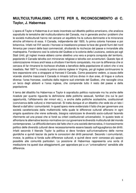 Multiculturalismo Lotte Per Il Riconoscimento Taylor Habermas Docsity
