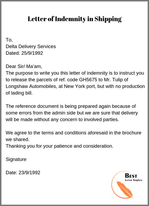 Letter Of Indemnity Template Format Sample And Example