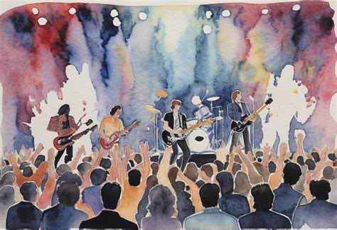 A Watercolor Of A Rock Band Concert With Everyone Cheering And Firework