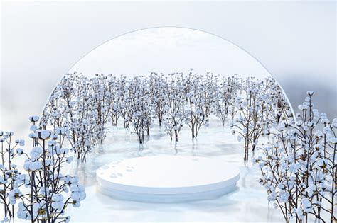 제품 전시를 위한 유리 아치와 야생화 배경이 있는 하얀 호수의 3d 렌더링 플랫폼 및 자연 연단 빈 진열장 모의 템플릿 또는 빈