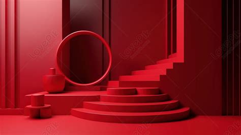 생생한 3d 렌더링 스튜디오 미니멀리스트 디자인 초록을 위한 빨간색 기하학적 연단 및 제품 프레젠테이션 플랫폼 리스 배경 연단 배경 디자인 스튜디오 배경 이미지