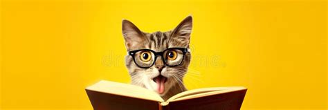 Funny Cat In Eyeglasses Reading A Book On Yellow Background A Cat With
