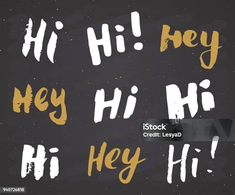 안녕 그리고 안녕 글자 세트에 서명합니다 손으로 그린 인사 단어 그런 지 질감 복고풍 배지 빈티지 라벨 칠판 배경 벡터 일러스트 레이 션 타이 포 그래피 디자인 인쇄 로고에