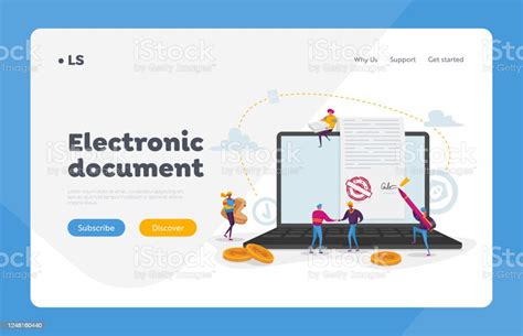 비즈니스 사람들은 공식 종이 공식 계약 방문 페이지 템플릿 서명 전자 문서 거대한 노트북 화면에서 계약 페이지에 서명을 넣어 서명에 서명합니다 만화 벡터 일러스트레이션