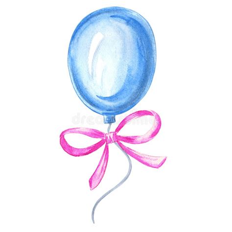 Watercolor Blue Balloon With Pink Bow Hand Drawn Illustration On White
