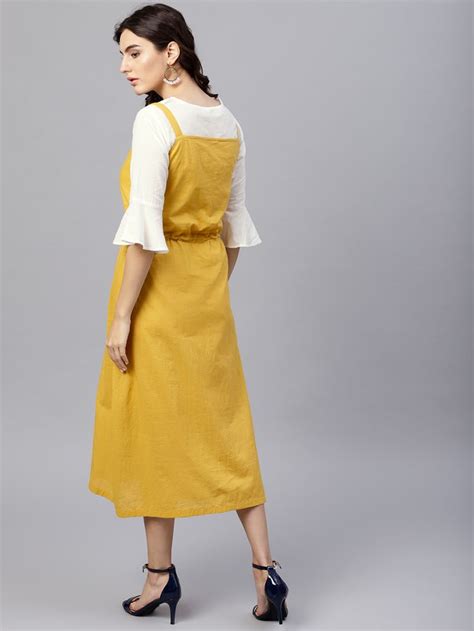 Buy Nayo Women Mustard Yellow And White Solid A Line Dress Dresses For