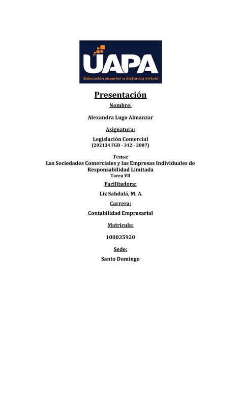 Tarea VII Legislacion Comercial PresentaciÛn Nombre Alexandra Lugo