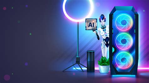 Ai 칩이 탑재된 게임용 Pc 책상 위에 네온 불빛이 있는 데스크탑 게임용 컴퓨터 Ai 또는 인공 지능 칩이 있는 Gpu 또는 Cpu Ai 칩을 손에 든 로봇 여자는 컴퓨터