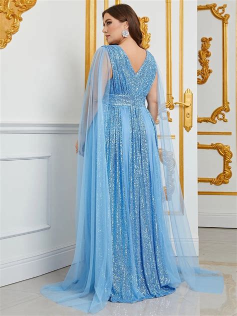 Plus Deep V Neck Sequin A Line Cape Dress Curvepretty