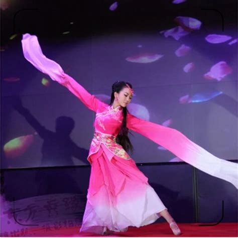 Woman Pink Long Sleeves Chinese Classical Dance Costume Blue Water
