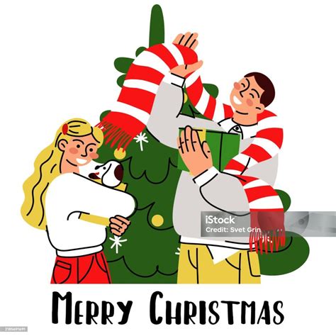 밝은 커플이 흰색 배경에 서로에게 선물을 줍니다 엽서 벡터 남자와 여자 오프닝 선물 감정의 벡터 평면 그림 선물을 받는 것 깜짝 선물 상자 즐거운 성탄절 12월에 대한 스톡