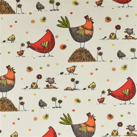Tissu coton cretonne Poules crème Tissus Hemmers