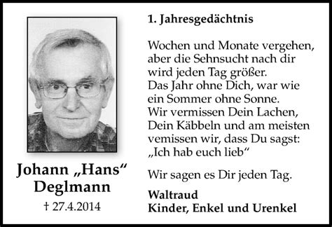 Traueranzeigen Von Johann Deglmann Trauer In Nrwde