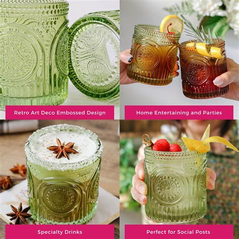 10 Oz Ribbed Retro Arch Floral Green Drinking Glasses Set Of 6 Mwf