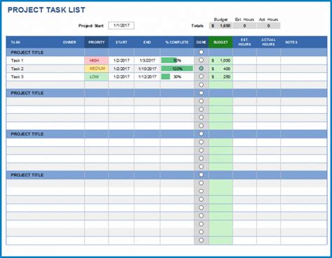Free Project Task List Template Excel