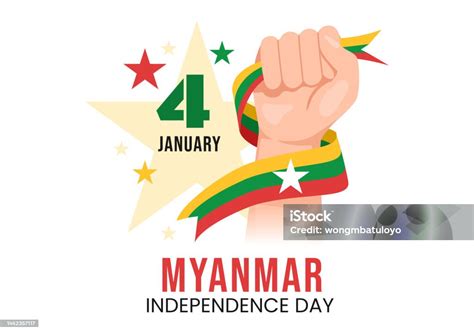 1월 4일 미얀마 독립 기념일을 플랫 만화 배경에 깃발로 축하 손으로 그린 템플릿 그림 1월에 대한 스톡 벡터 아트 및 기타