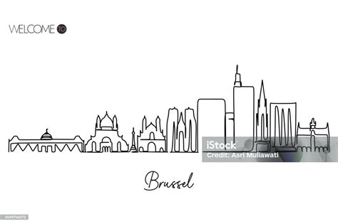 브뤼셀 도시 스카이 라인 라인 드로잉 세계적으로 유명한 관광지 여행 및 관광 진흥 캠페인을위한 간단한 손으로 그린 스타일 디자인 벨기에에 대한 스톡 벡터 아트 및 기타
