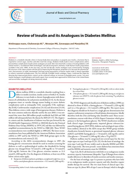 Review Of Insulin And Its Analogues In Diabetes Mellitus Pdf