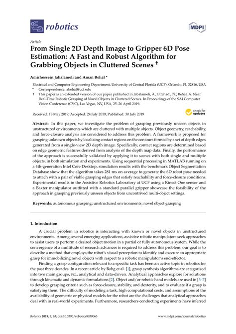 Pdf From Single 2d Depth Image To Gripper 6d Pose Estimation A Fast