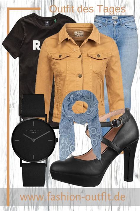 Damen Freizeit Look in Beige und Blautönen mit schwarzen Akzenten Outfit Modestil