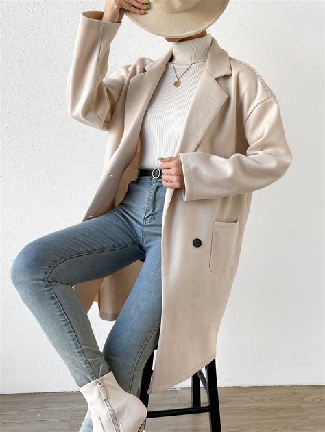 Shein Frenchy Lapel Neck Drop Shoulder Double Breasted Dual Pocket Overcoat Shein Usa