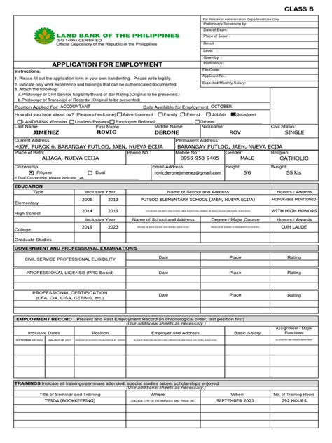 Application For Employment Form Accomplished Pdf Information