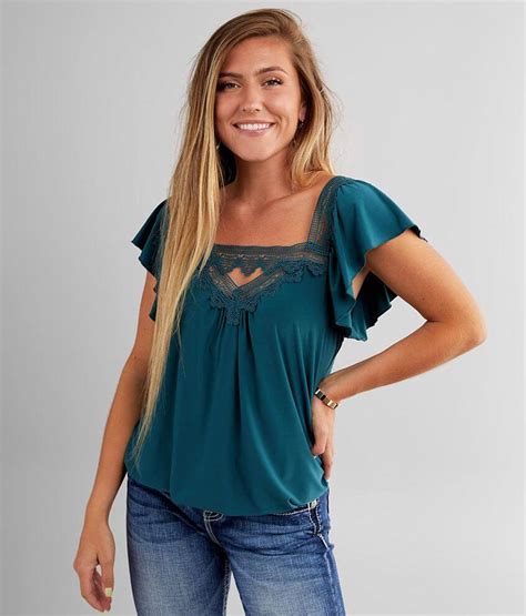 Daytrip Lace Trim Flutter Sleeve Blouse Womens Shirts And Blouses In Mediterranea Buckle