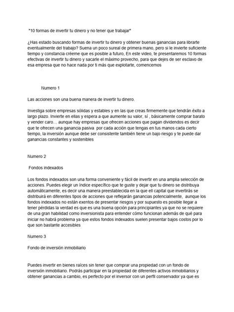 10 Formas De Invertir Tu Dinero Y No Tener Que Trabajar Pdf