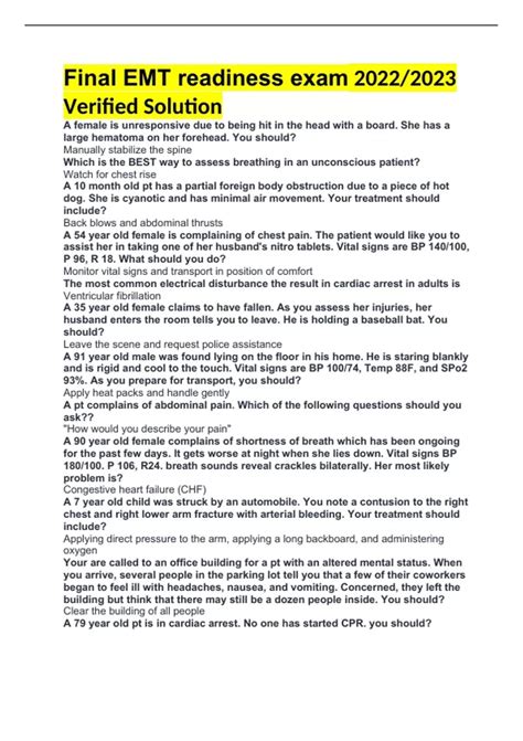 Final EMT Readiness Exam 2022 2023 Verified Solution EMT Readiness Stuvia US