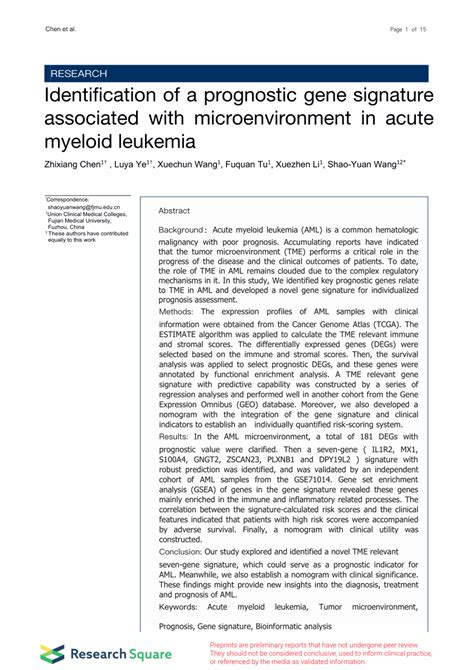 Pdf Identification Of A Prognostic Gene Signature Associated With Microenvironment In Acute