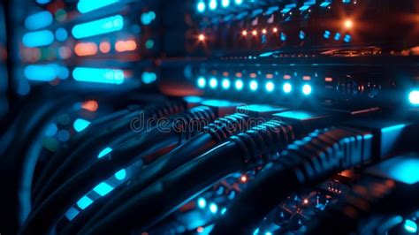 Detailed View Of Ethernet Cables Connected To Illuminated Server Stock