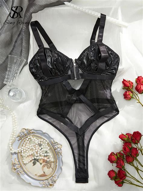 Singreiny Leather Splice Mesh Sexy Bodysuits Backless Zipper Slim