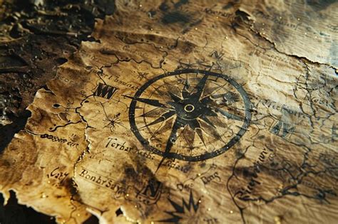 Ancient Treasure Map Depicted On Weathered Parchment With A Faded
