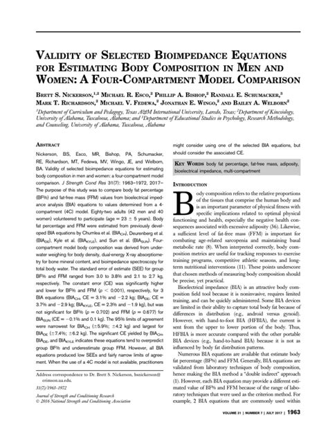 Validity Of Selected Bioimpedance Equations For 26 Pdf Metrology
