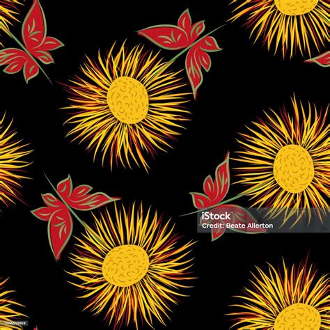 Inula 꽃 원활한 벡터 패턴 배경입니다 다년생 코티지 정원 꽃 노란색 빨간색 검정 배경입니다 거대한 벼룩 회화 적으로 흩어져있는 디자인 여름 가을을 위한 맥시멀리스트
