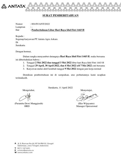 Pemberitahuan Libur Lebaran Pdf