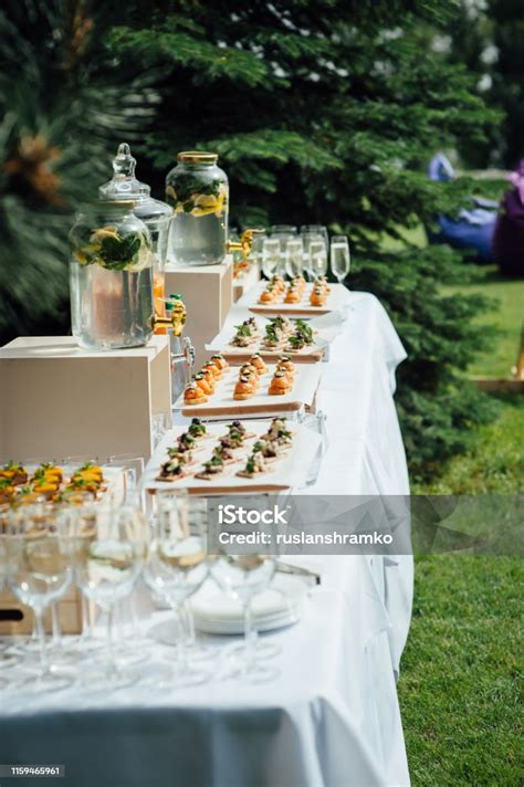 손님 테이블 야외 결혼식 파티에 간식과 케이터링 서비스 배경 결혼식에 대한 스톡 사진 및 기타 이미지 결혼식 결혼식 피로연 고기 Istock