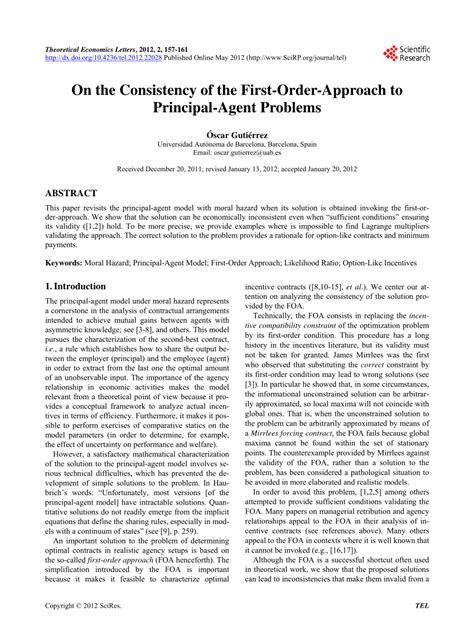 Pdf On The Consistency Of The First Order Approach To Principal Agent Problems
