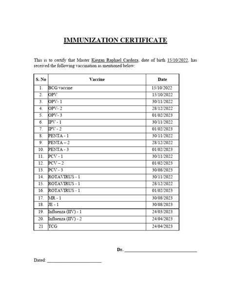 Sample Immunization Certificate Pdf