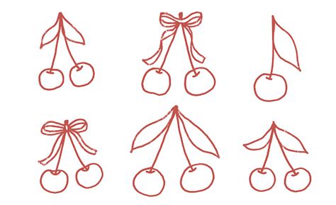 벚꽃 크레용 그려진 윤곽선 세트 요염한 빨간 치기 열매 활과 잎 낙서 흰색 배경에 고립되어 있습니다 과일 그런지 질감의 요소 벡터 아이 순진한 그림 연필로 0명에 대한 스톡