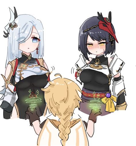 Aether Shenhe And Kujou Sara Genshin Impact Drawn By Ealunzatta