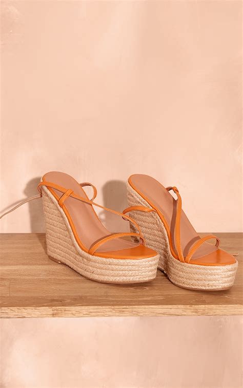 Orange Asymmetric Strap Espadrille High Wedges Footwear