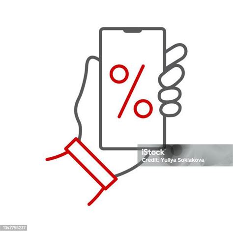 손은 화면에 할인과 함께 전화를 보유하고 있습니다 온라인 쇼핑 아이콘 Brand Name Smart Phone에 대한 스톡 벡터
