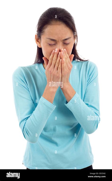 Flu Or Cold Sneezing Woman Sick Blowing Nose Isolated Over White