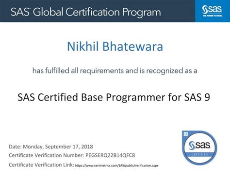 Sas Certified Base Programmer For Sas 9 Certificate