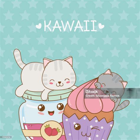 잼을 가진 귀여운 작은 고양이와 컵 케 잌은 귀 엽 다 캐릭터 가축에 대한 스톡 벡터 아트 및 기타 이미지 가축 고양이 새끼 귀여운 Istock